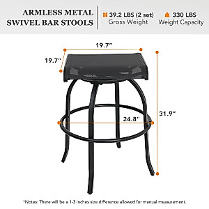 Outdoor Backless Swivel Bar Stools Set of 2, Patio Stools & Bar Chairs, Outside High Top Barstools, Breathable Textilene Fabric for Yard, Deck Porch, Balcony - Armless - Pure Black