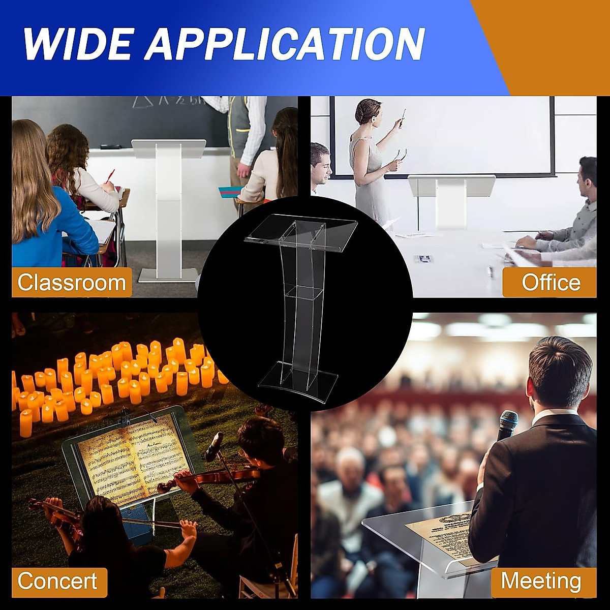 Conference Pulpit Acrylic Transparent Podium Clear Church Lectern Pulpit Office with Light and Remote Control 24x16x43 Inch (Without LED and Remote Control)