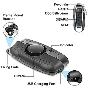 120db Security Alarm, Wireless Bike Motorcycle Wireless Remote Control USB Charge Vibration Security Alarm Anti-Thief Alerter for Scooter, Bicycle, Vehicle, Door and Window or Anything