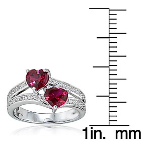 Ice Gems Sterling Silver Created Ruby and White Topaz Double Heart Friendship Ring, Size 10