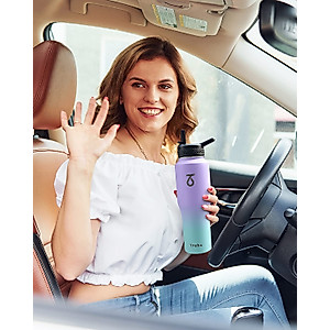 Trebo 32oz Insulated Water Bottle that Fits in Cup Holder, Stainless Steel Double Wall Tumbler Bottles with Paracord Handle, Flask with Straw Spout Lids, Keep Cold for 48 Hrs/Hot 24 Hrs,Cotton Candy