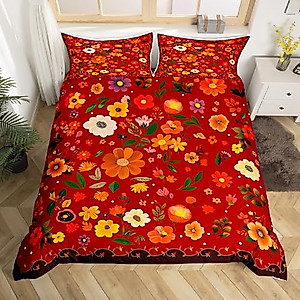 Erosebridal Boho Floral Duvet Cover Set Rainbow Flowers Queen Bedding Sets,Watercolor Botanical Comforter Cover Garden Plant Leaves Bed Set,Bohemian Tree Branch Leaf Kawaii Room Decor,Red Black
