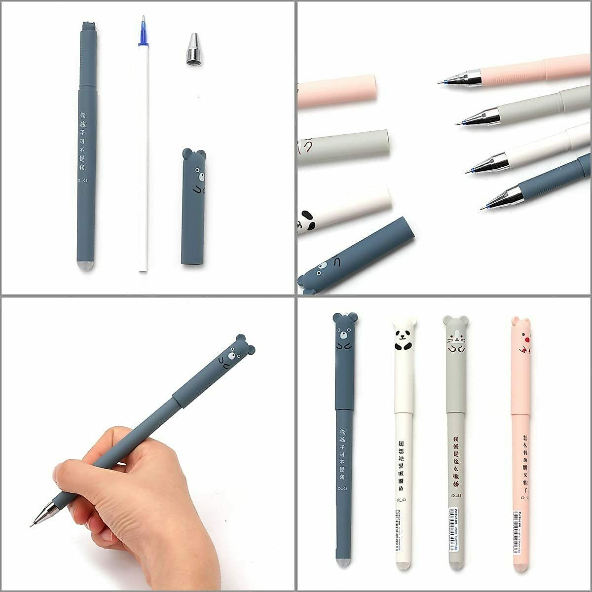 Jinja Brands 12 Pcs Erasable Pens Cute Animal Writing Gel Ink Pen Cartoon Cat Pig Bear Panda 0.4mm Black Ink Ballpoint Rollerball Pens for Student Gift Stationery Office Supplies Friction Erasable