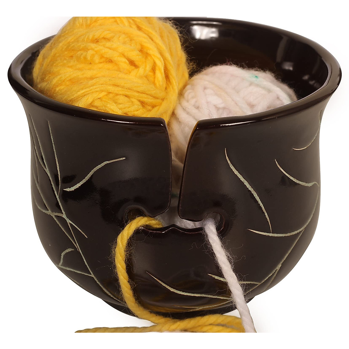 Abhandicrafts XXL Large Double Spiral Knitting Yarn Bowl Coffee Color Ceramic Pottery Storage Bowl with Hand Carved Design of Beautiful Dry Tree Branches
