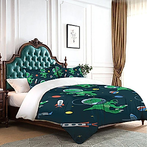 Dinosaurs Spaceship Duvet Cover Twin Size Comforter Cover Soft Bedding Sets 3 Piece with 2 Pillow Shams for Boy Gril