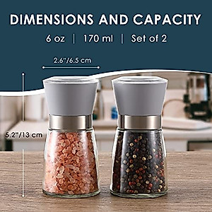 Vzaahu Salt and Pepper Grinder Set Grey - Refillable Small Sea Salt & Peppercorn Shakers Set, Adjustable Coarseness, Ceramic Burr, Premium Glass Salt & Pepper Mill