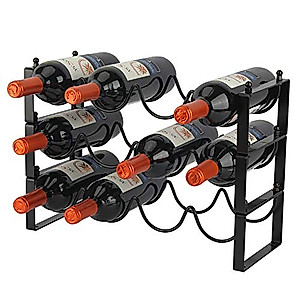 DreamiDeco 3 Tier Stackable Wine Rack, Countertop Cabinet Wine Holder Storage Shelf Free Standing Bottles Holder Organizer - Hold 12 Bottles for Kitchen Pantry Cabinet Bar (Metal, Black)