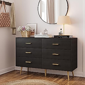 MAISONPEX 6 Drawer Dresser with Metal Handles , Black Modern Wood ,Chest of Drawers, Sturdy Frame Bedroom Furniture with Drawers for Closet Hallway, Living Room
