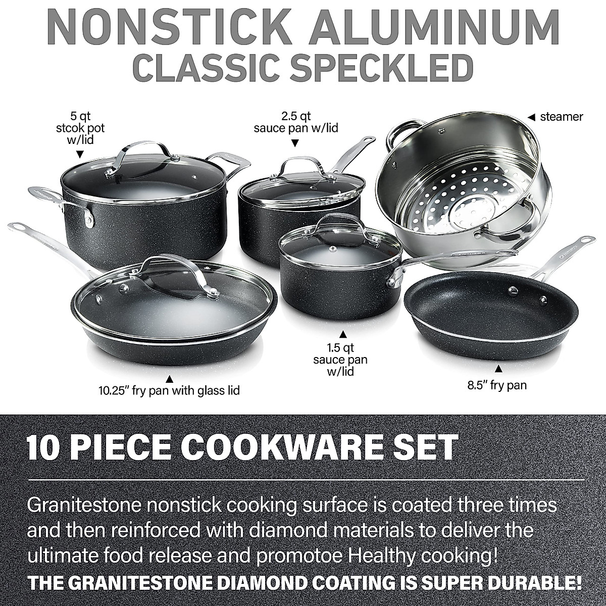 Granitestone Original 10 Piece Nonstick Cookware Set, Scratch-Resistant, Granite-Coated, Dishwasher and Oven-Safe Kitchenware, PFOA-Free Pots and Pans As Seen On TV