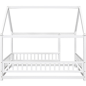 Harper & Bright Designs Full Size Floor Bed for Kids, Wood House Bed with Guardrails, Montessori Design, House-Shaped Roof, for Kids, Boys, Girls, No Spring Box Needed, White