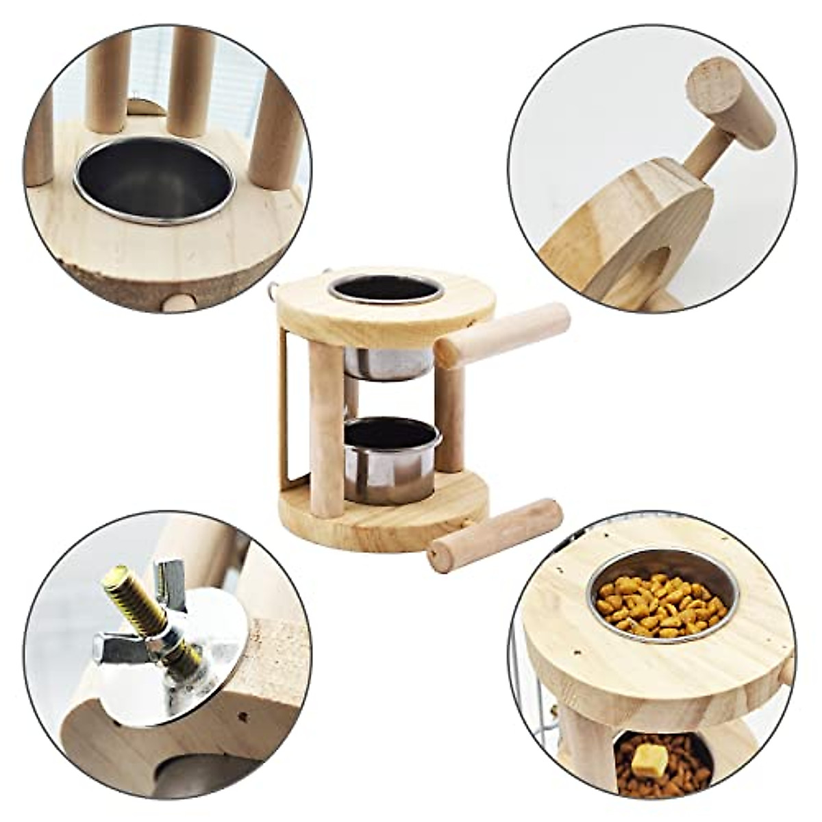 kathson Bird Feeding Cups with Wooden Platform, Bird Bowls Hanging Stainless Steel Parrot Cage Feeder & Water Bowl Parakeet Feeder Bird Perches Stand Cage Accessories for Parakeet Budgies