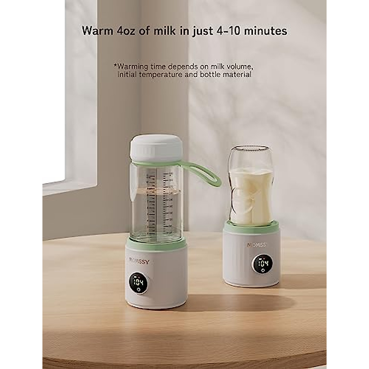 Momssy Portable Bottle Warmer, Baby Milk Warmer for Breastmilk Formula, Travel Bottle Warmer, Smart 4 Temperature Setting with USB Rechargeable Cordless, Auto Shut-Off, Multifunctional Bottle Warmer