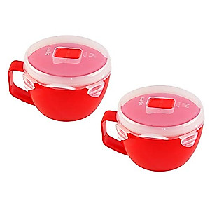 Home-X Microwave Soup Mugs with Lid- Set of 2, Microwave Soup Bowls with Handle and Vented Lid, BPA Free Dishwasher Safe, 32oz Capacity, Set of 2, 7 ¼" L x 5" W x 4" H, Red