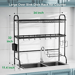 GSlife Over The Sink Dish Drying Rack Stainless Steel 2 Tier Dish Rack Above Kitchen Sink Shelf Durable Dish Drainer, Black