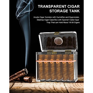 TISFA Acrylic Cigar Humidor with Humidifier and Hygrometer, Desktop Cigar Case Box with Spanish Cedar Cigar Tray That can Hold About 18-50 Cigars