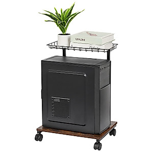 ABQ Computer Tower Stand, C-Shape Mobile CPU Holder with Storage Basket, 2 Tier CPU Stand Cart with Lockable Wheels, Fits Most Gaming PC Under Desk for Office Home