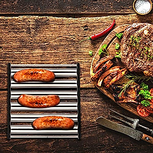 ILceNodie Hot Dog Roller for Grill, Sausage Roller Rack with Extra Long Wood Handle, Stainless Steel BBQ Griller for 5 Hot Dog Capacity Evenly Cooked