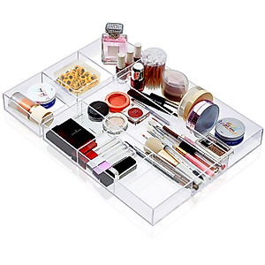 Clear Drawer Organizer 2 Pieces 6 Section Clear Desk Organizer with Dividers 3 Section Acrylic Makeup Tray Divided Clear Drawer Inserts Sectioned Organizer Tray Makeup Organizer Drawers Storage