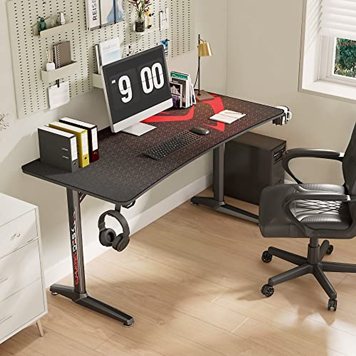 Eureka Ergonomic 60'' Gaming Desk, T-Shaped Carbon Fiber Surface Computer Desk with Free Mouse Pad,Large PC Gamer Desk Gaming Table with USB Handle Rack Cup Holder Headphone Hook,Black