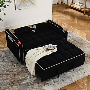 Bellemave Foldable Sofa Bed with Phone Holder, Pull Out Velvet Loveseat Sleeper with 2 USB Charging Ports, Modern Futon Couch with Cup Holders and Adjustable Backrest, for Living Room, Black