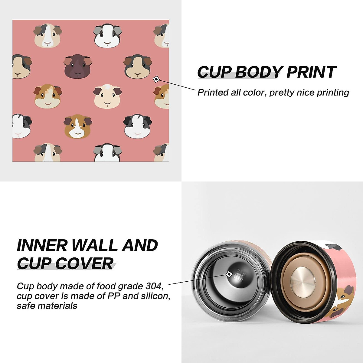 Glaphy Cartoon Guinea Pig Pink Water Bottle, BPA-Free, Stainless Steel, 17 oz Insulated Water Bottles Kids, for School, Office, Gym, Sports, Travel, 500ml