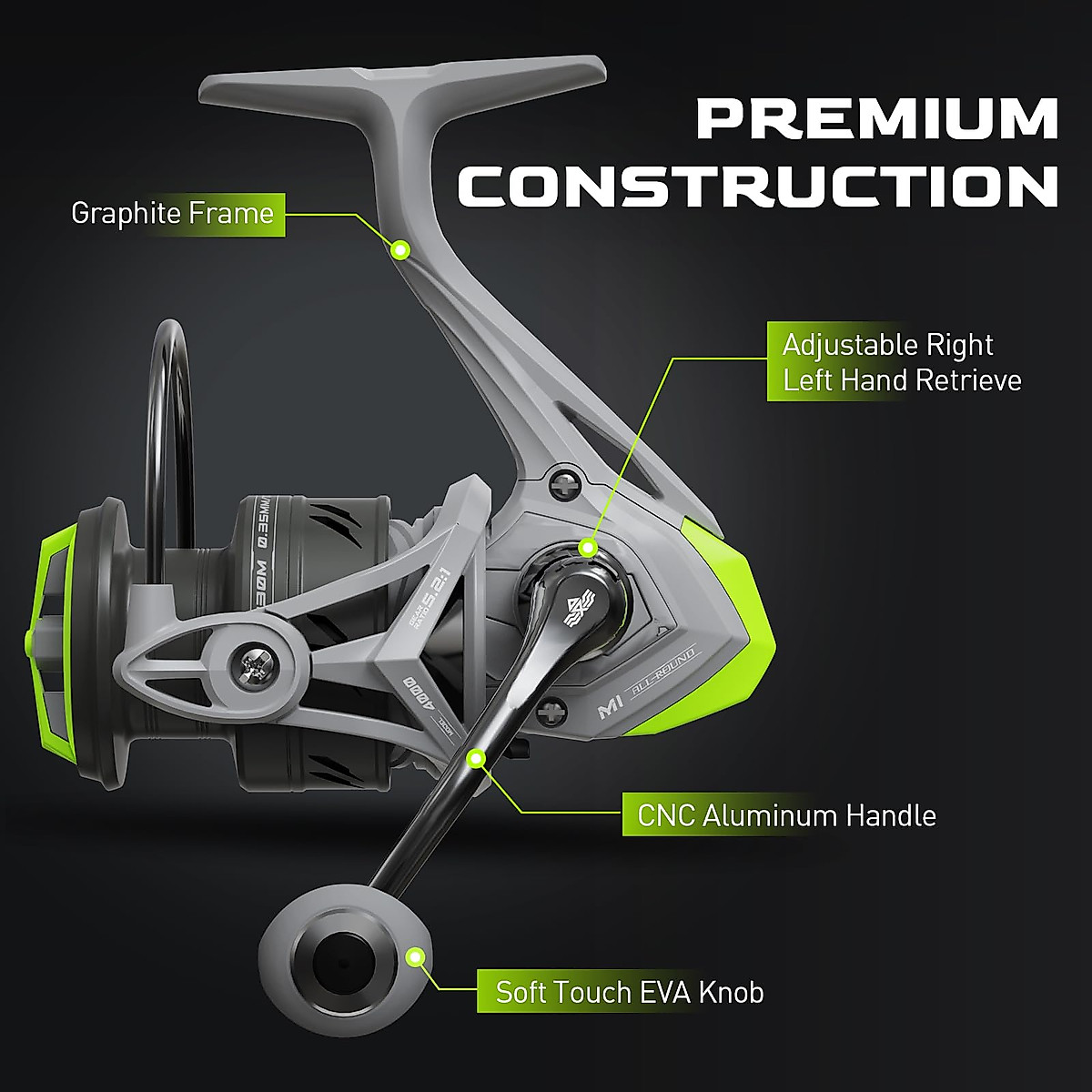 HANDING M1 Spinning Reel, Freshwater Fishing Reels Spinning, 9+1 Ball Bearings, 26.5LBs Max Drag, 5.2:1 Gear Ratio, Graphite Frame, CNC Aluminum Spool, 500 to 5000 Series, Handle Interchangeable