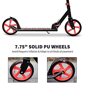 Soozier Folding Kick Scooter for 12 Years and Up for Adults and Teens, Push Scooter with Height Adjustable Handlebar, Big Wheels and Rear Wheel Brake
