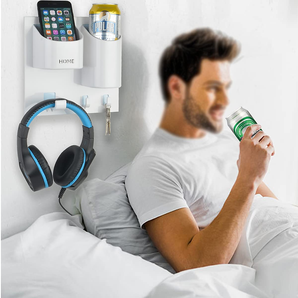 OKOMATCH Bedside Shelf Caddy Drink Beer Holder Can Wall Mounted | Adhesive Stick On | 3 Hooks Drain Hole Design Cellphone Organizer | Gaming RV Boat Bedroom Office