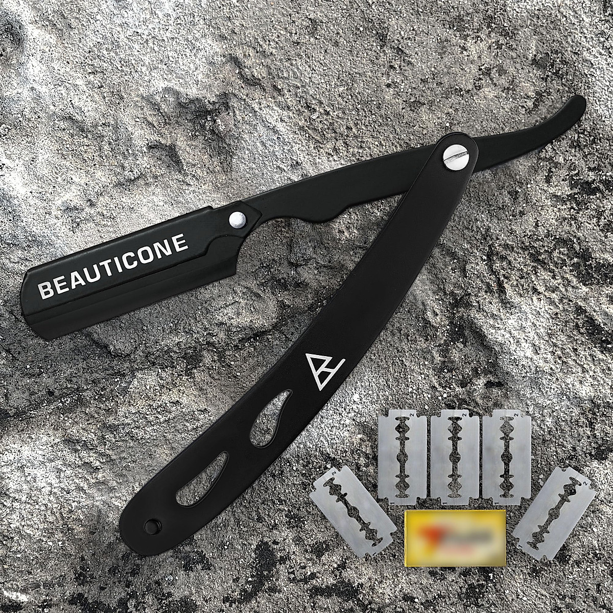 BEAUTICONE Straight Razor - Black Full Steel Barber Razor With Leaf Handle (5 double edge blades)