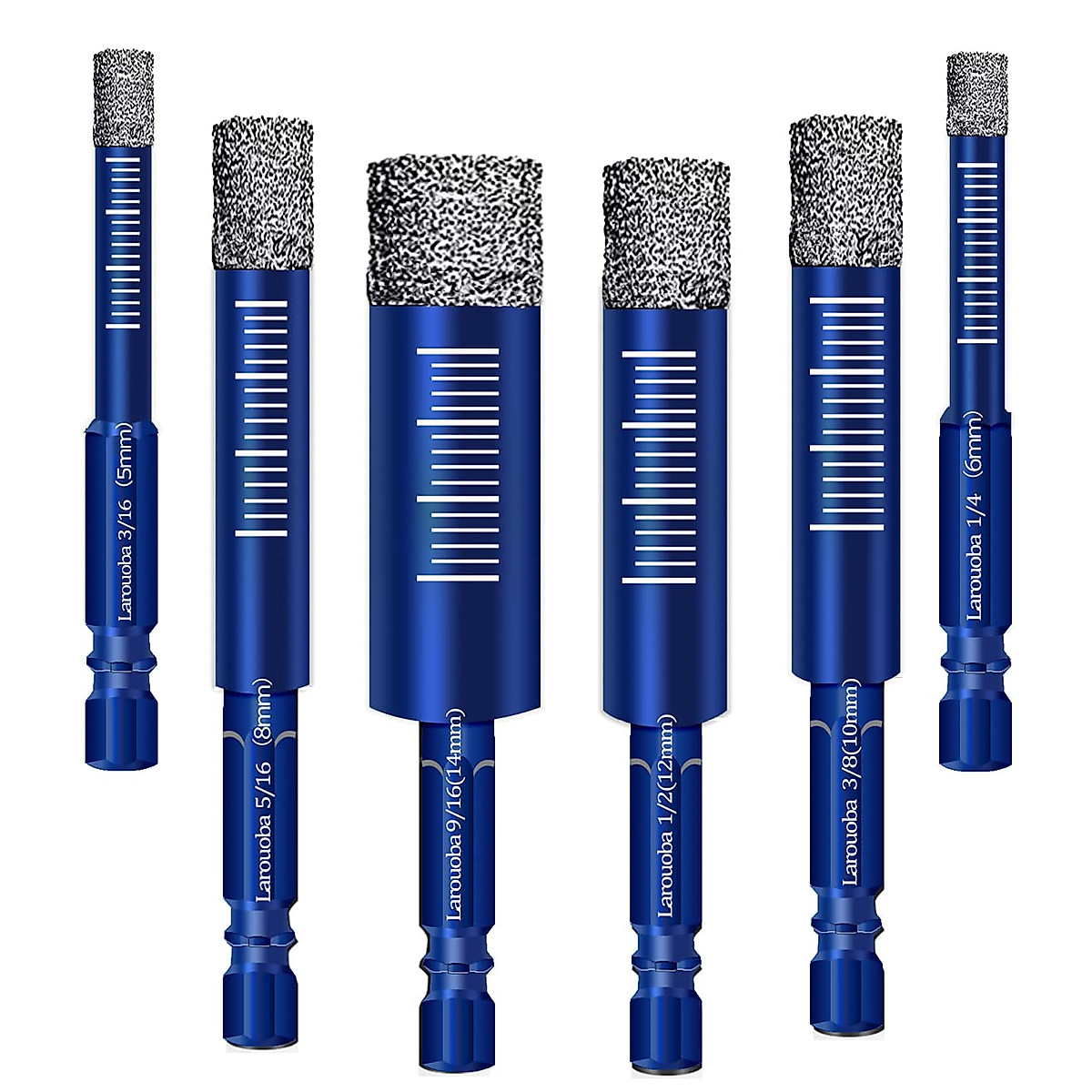 Larouoba 6pcDiamond Drill Bit, Masonry Drill Bits Set for Porcelain Tile Ceramic Stone Granite Marble Hex Shank Diamond Hole Saw Drill Bit with Size 3/16” to 9/16” (Blue)