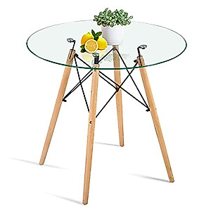 Round Glass Dining Table Small Kitchen Table Modern Circle Dining Room Table 32" with Wood Legs for Dinner Small Spaces Clear