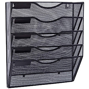 EASEPRES 5 Pockets Mesh Wall File Holder Organizer Office Hanging Magazine Rack, Black