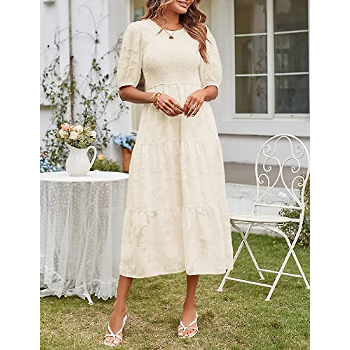 MEROKEETY Women's 2025 Casual Short Sleeve Smocked Dress Round Neck High Waist Ruffle Party Dresses,Beige,XXL