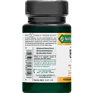 Nature's Bounty Vitamin B12, Quick Dissolve Vitamin Supplement, Supports Energy Metabolism and Nervous System Health, 5000mcg, 40 Tablets