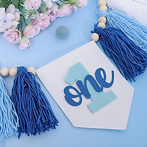 Blue Tassel 1st Birthday High Chair Banner - First Birthday Decorations For Boys,Cake Smash Party Highchair Banner,Yarn Tassel One Birthday Banner,Blue Yarn Tassel Garland Photo Prop