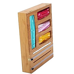 lesolar Foil and Plastic Wrap Organizer,Plastic Wrap Dispenser with Cutter and Ziplock Bag organizer,kitchen drawer organizer,Wall Mounted 6 in 1 Bamboo Ziplock Bag Storage Organizer for Gallon, Quart, Sandwich,Snack,Cling Film,Wax and Aluminum Foil