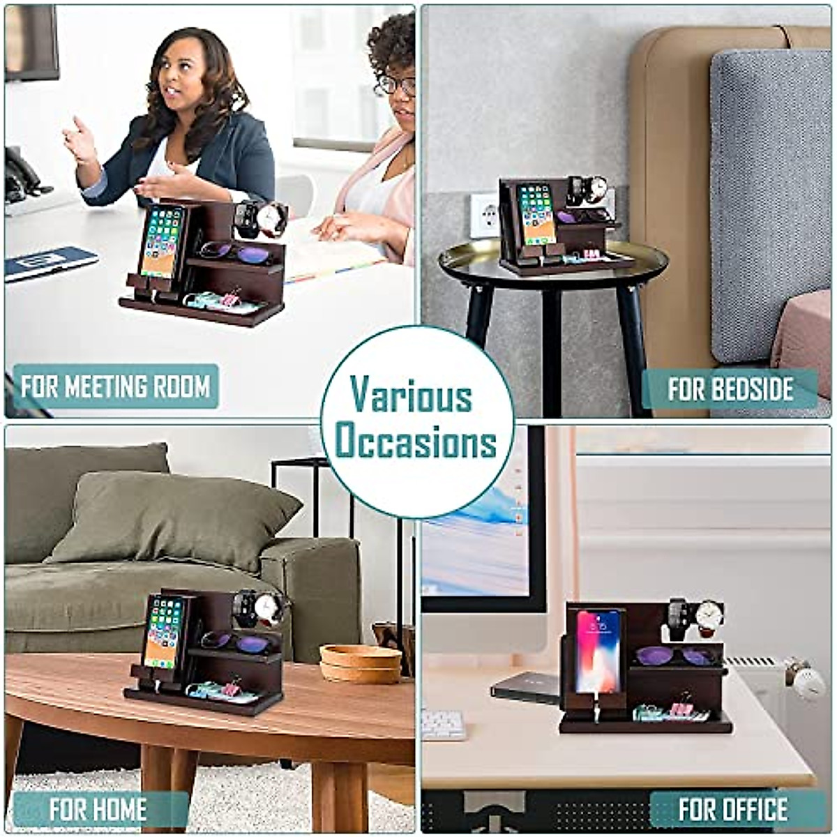 ZORMY Wood Phone Docking Station, Nightstand and Watch Organizer Ash Key Holder Wallet, Wooden Bedside Stand for Cellphone, Ring, Wallet, Pen, Coin for Men Husband Anniversary Dad Birthday