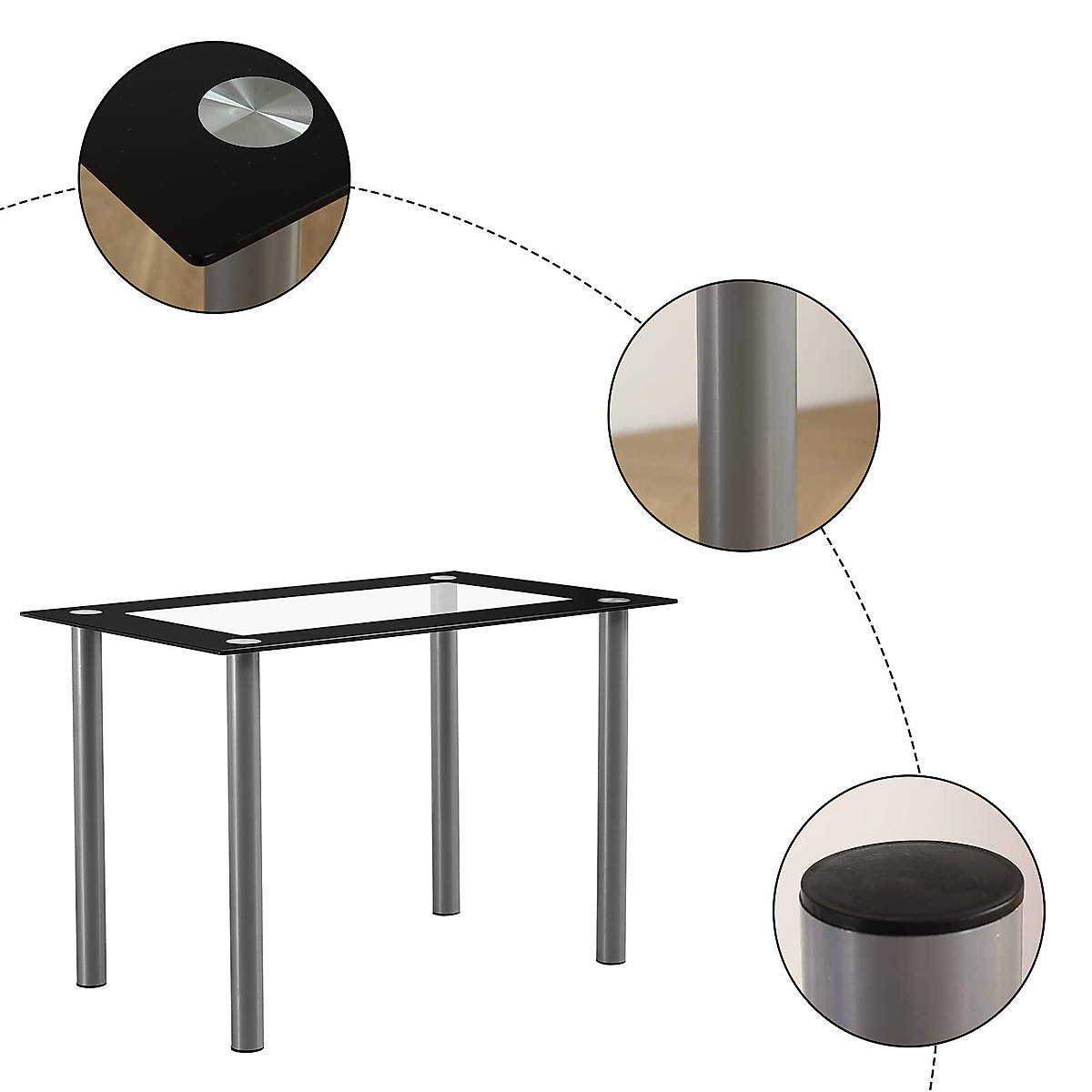 Imseigo Modern Dining Table Set for 4, 5-Piece Kitchen Table Set with 1 Tempered Glass & 4 PVC Chairs for Small Space, Space Saving Rectangular Table & Chair Set for Kitchen, Dining Room, Black Grey