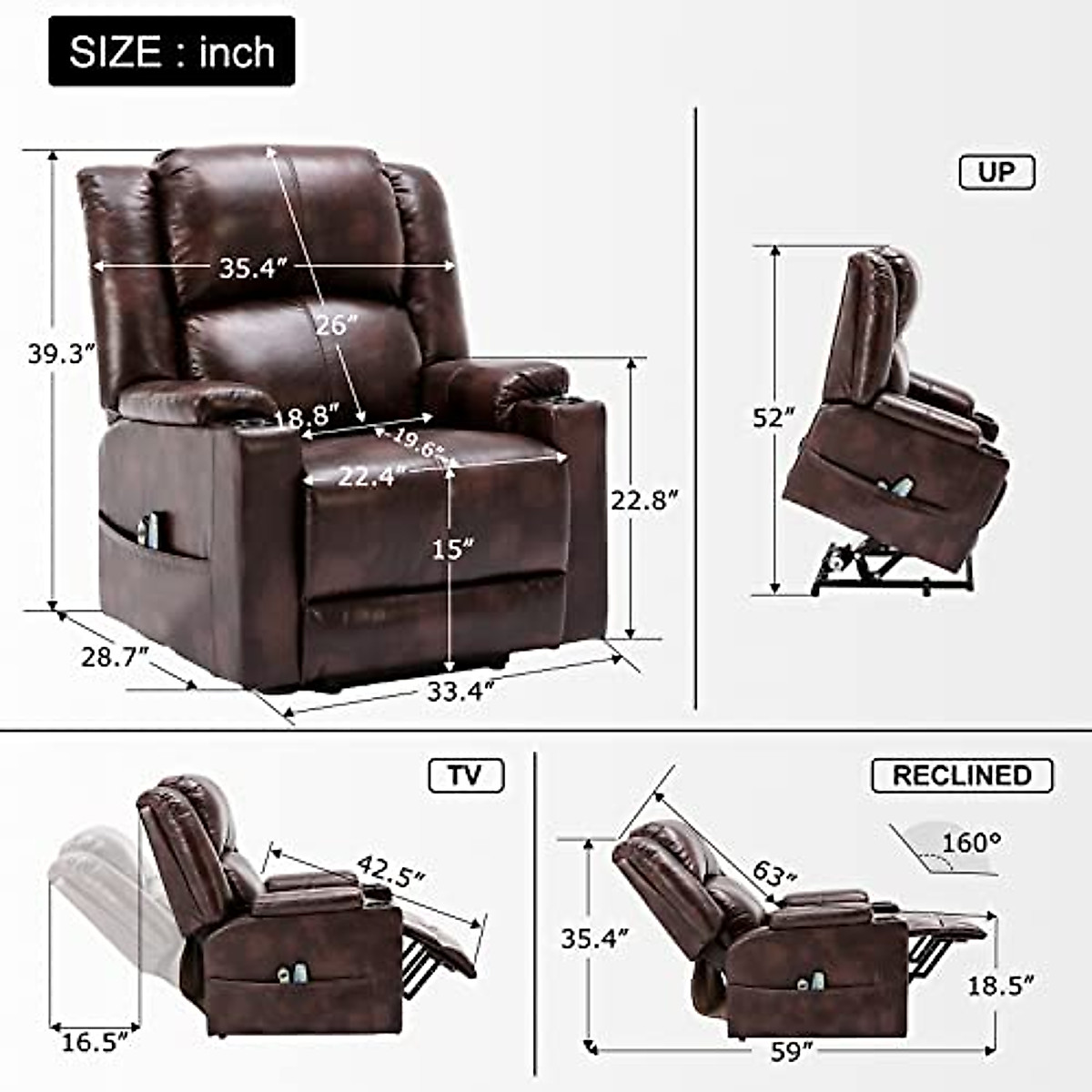 COMHOMA Power Lift Recliner Chairs for Elderly Big Heated Massage Recliner Sofa PU Leather with Infinite Position 2 Side Pockets and Cup Holders (Brown)