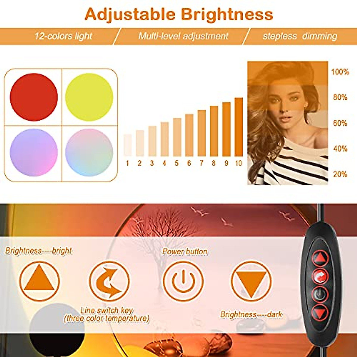 Flanney Sunset Lamp Projection 16 Colors Light 360 Degree Remote Control Brightness Adjustable Rainbow Sunset Sun 12 Effect for Photo Video Bedrooms Vlog Home Party