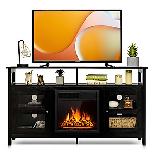 Tangkula Fireplace TV Stand, Farmhouse Media Console Table w/18 1500W Electric Fireplace for Flat Screen TVs up to 65", Modern Fireplace Space Heater w/Adjustable Brightness & Remote Control (Black)