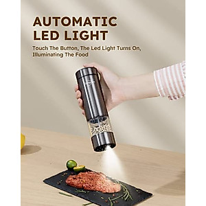 Sangcon Electric Salt and Pepper Grinder Set - USB Rechargeable - Automatic Black Pepper & Sea Salt Spice Mill - Adjustable Coarseness - One Hand Operation - LED Light Refillable - Metallic Gunmetal