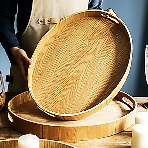 I-lan Oval Serving Tray, Wood Decorative Ottoman Tray, Valet Tray with Handles, Coffee Table Tray Decor for Cocktail, Snack, Bread, Brown (XL: 18")