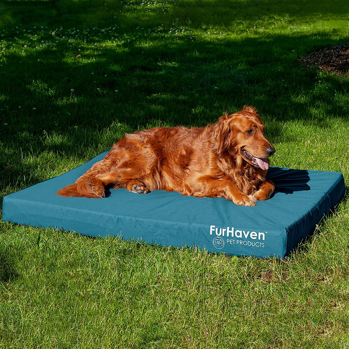 Furhaven Water-Resistant Cooling Gel Dog Bed for Large Dogs w/ Removable Washable Cover, For Dogs Up to 95 lbs - Indoor/Outdoor Logo Print Oxford Polycanvas Mattress - Deep Lagoon, Jumbo/XL