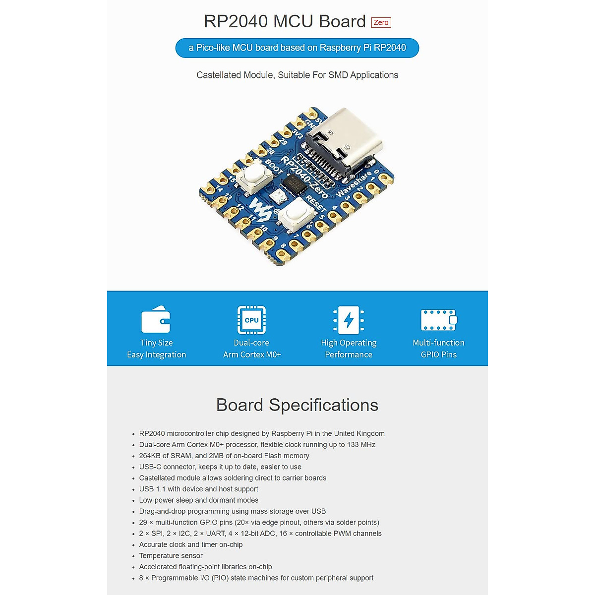 Waveshare RP2040-Zero High-Performance Pico-Like MCU Board Based On Raspberry Pi Microcontroller RP2040 Castellated Module Allows Soldering Direct to Carrier Boards-3pcs