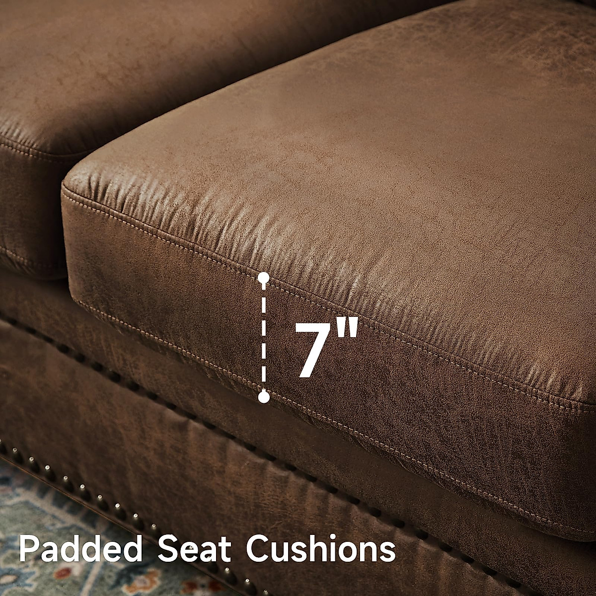 ONBRILL 84" Faux Leather Couch, Mid-Century Modern Couch w/Brass Nailhead Trim, 3 Seater Sofa Couch w/Rolled Arm, Pocket Spring Cushions, Gourd Feet, Dark Brown Couch Leather Sofas for Living Room