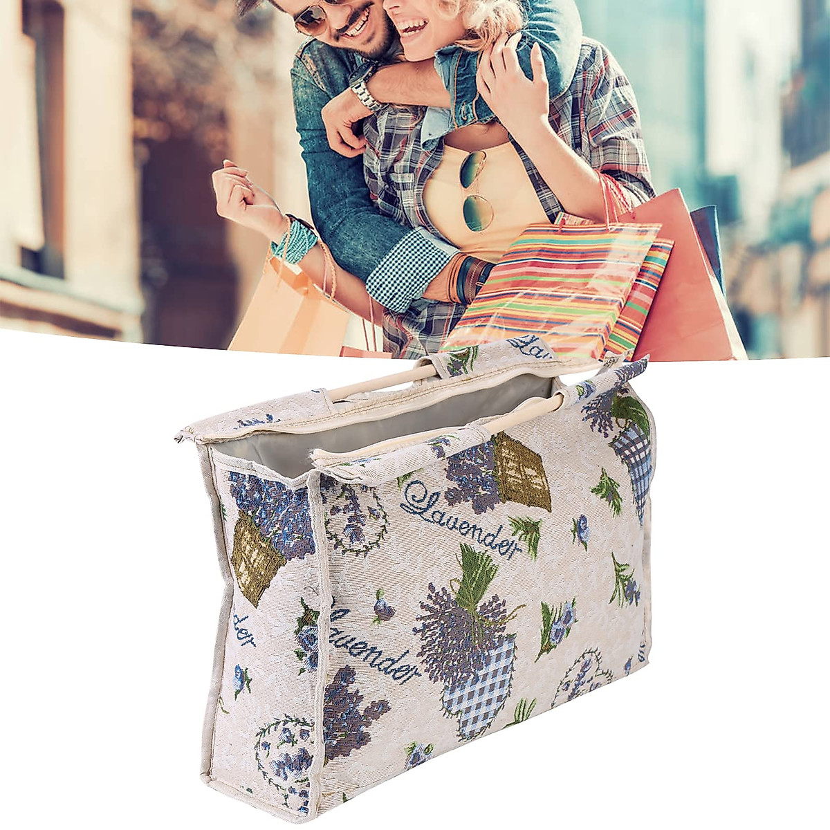 Knitting Bag, Woven Fabric Yarn Tote Project Organizer Portable Storage Bag with Wood Handle for Knitting Needles, Yarn and Crochet Supplies (Flower)