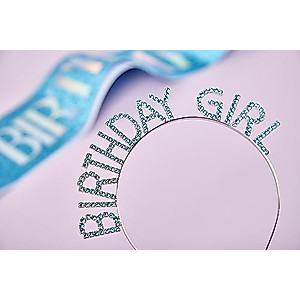 Birthday Girl Sash & Tiara Set, Blue Birthday Sash and Rhinestone Crown for Women, Happy Birthday Party Decorations Headband Birthday Gifts for Her, Happy Birthday Decor