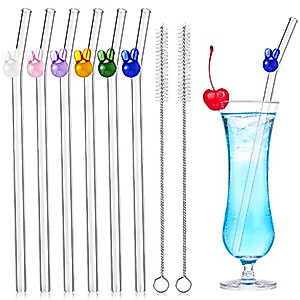 6 Pcs Reusable Glass Straws, Cute Bunny on Clear Straws with Design 7.9 in x 8 mm Colorful Shatter Resistant Bent Drinking Straws with 2 Cleaning Brushes for Beverages, Shakes, Juices, Cocktails