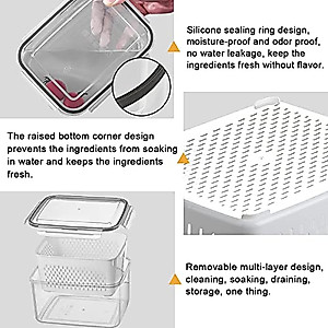 Ronanemon 3Pack Fridge Food Storage Container Set with Lids with Strainer,Plastic Fresh Produce Saver Vegetable Fruit Meat Storage Organization, BPA-Free Plastic Produce Keepers(3.15L+1.7L+0.8L)